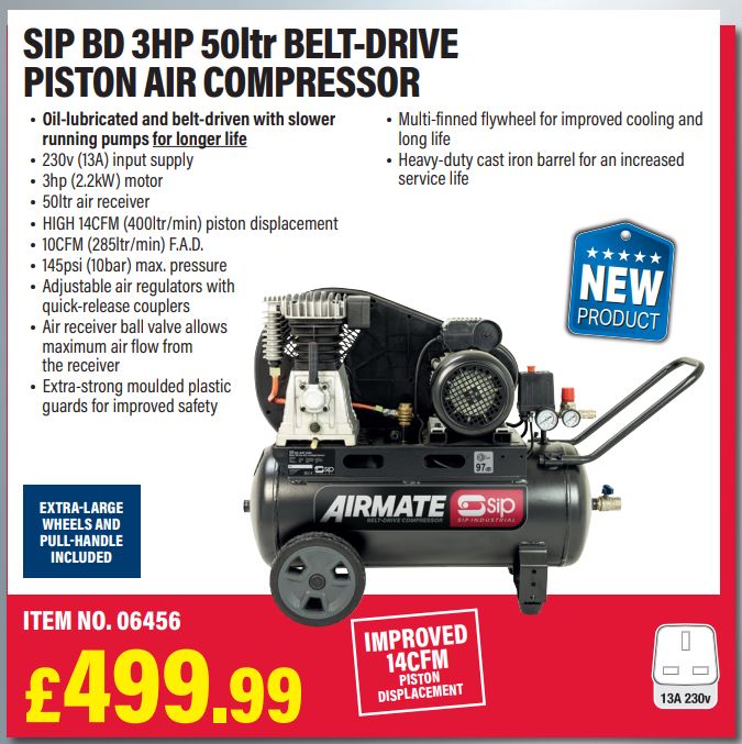 06456 SIP AIRMATE BD 3HP 50 LTR COMPRESSOR 1PH
