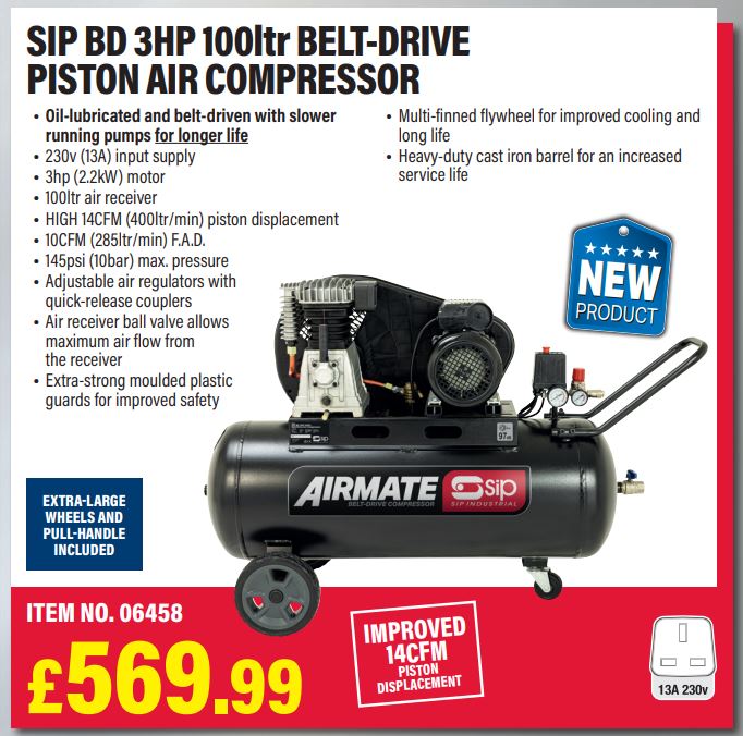 06458 SIP AIRMATE BD 3HP 100 LTR COMPRESSOR 1PH
