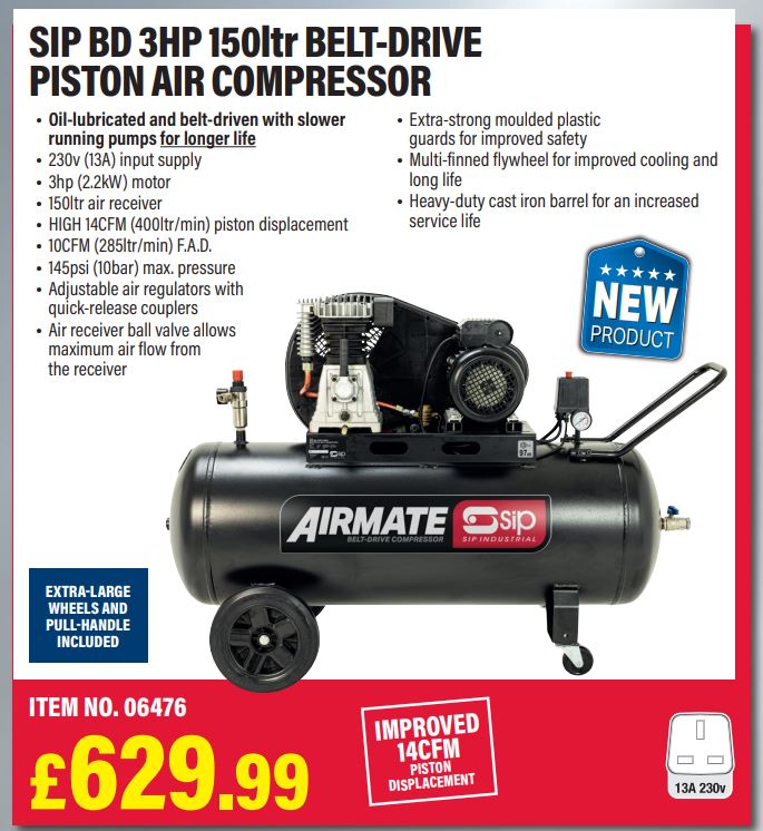 06476 SIP AIRMATE BD 3HP 150 LTR COMPRESSOR 1PH